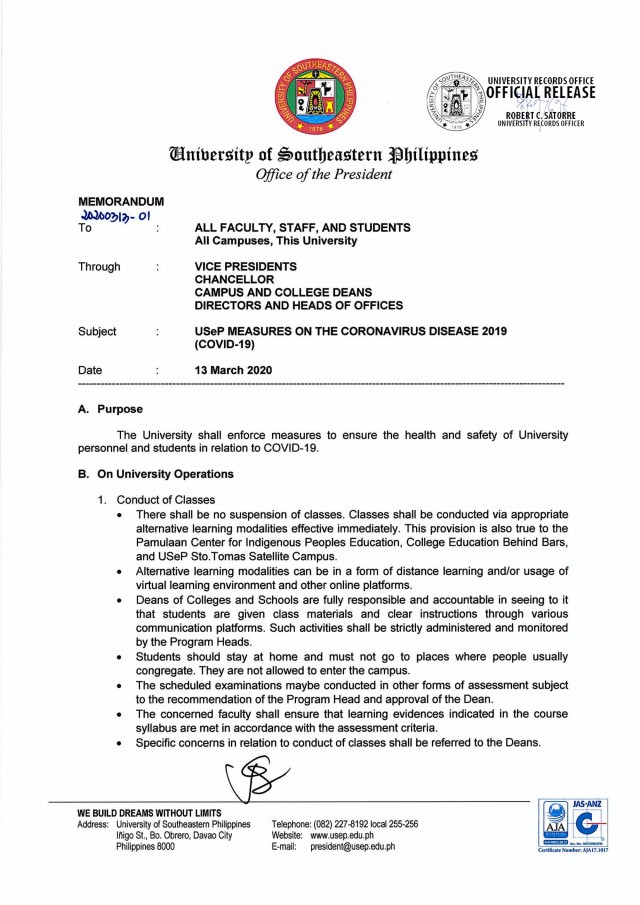 MEMORANDUM NO. 20200313 USeP Measures on Coronavirus 2019 (COVID-19 ...