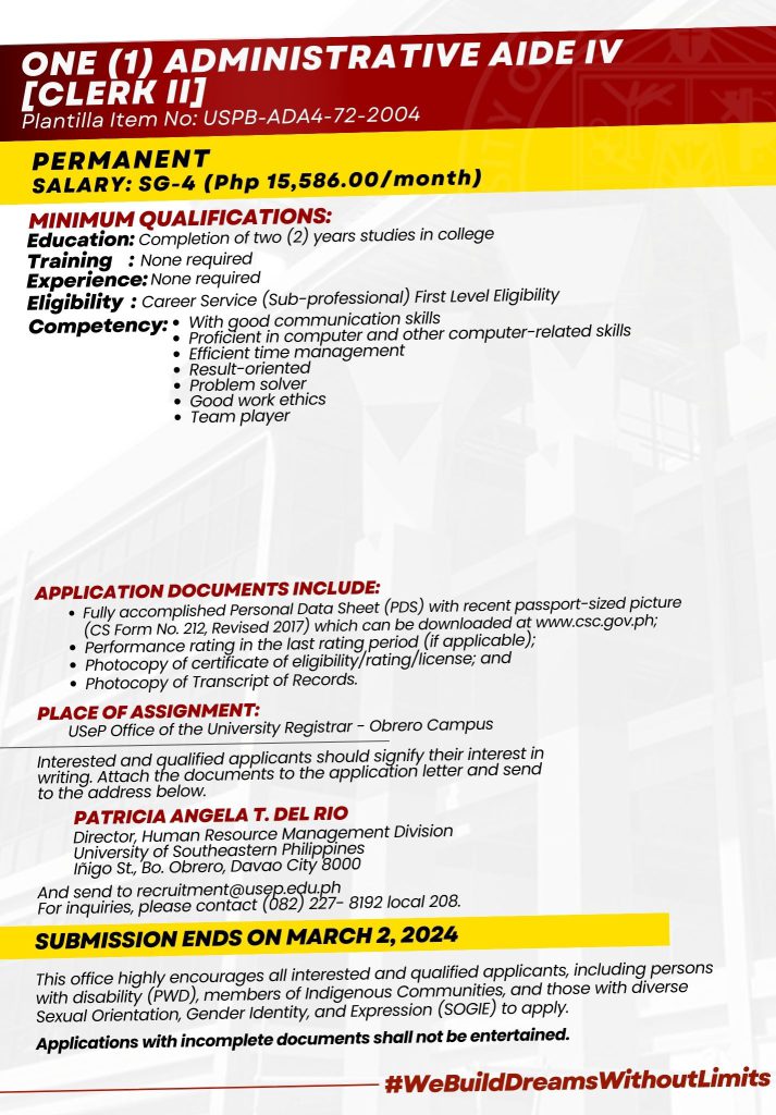 USeP Job Hiring! USeP is in need of three (3) non-teaching personnel ...