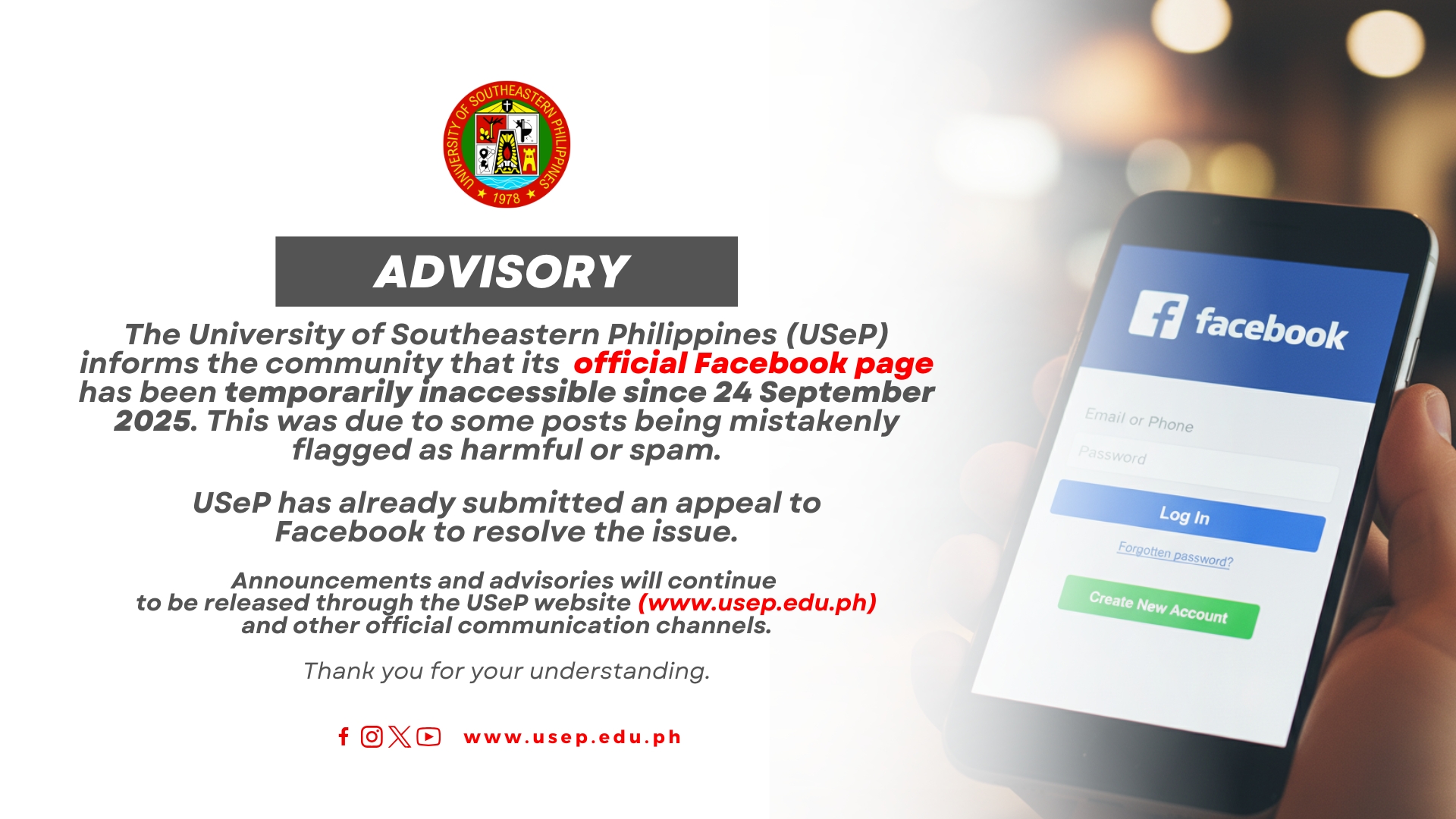 ADVISORY: USeP FB temporarily inaccessible - University of Southeastern ...