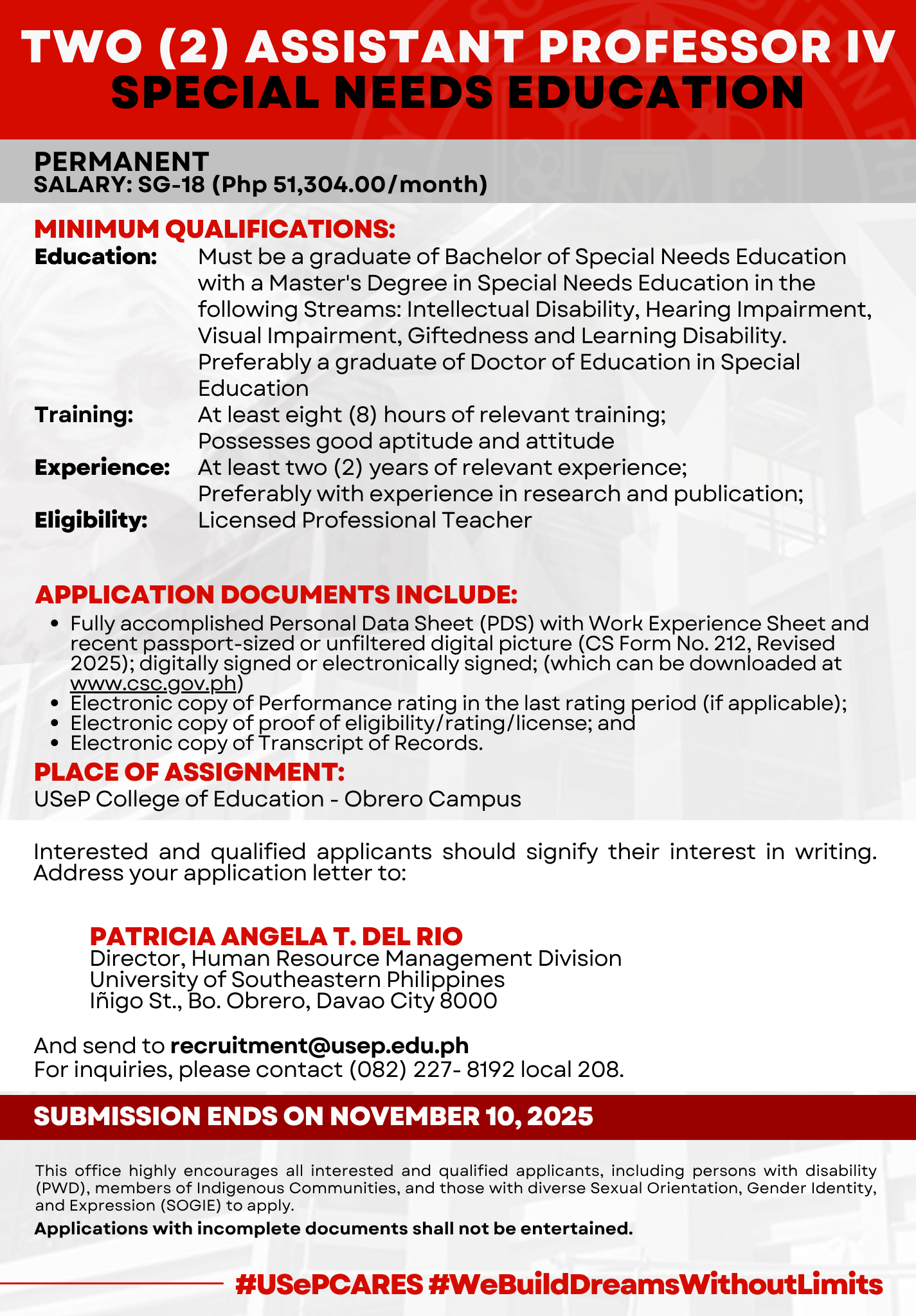 USeP Job Hiring! USeP is in need of five (5) teaching personnel for ...