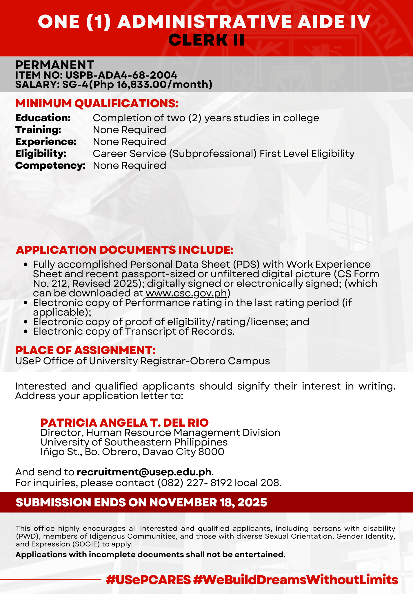 USeP Job Hiring! USeP is in need of five (5) non-teaching personnel for ...